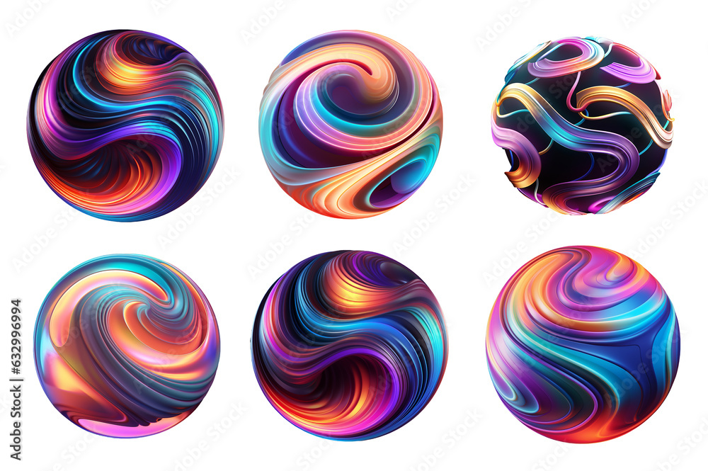 Bold holographic wavy sphere shape isolated set. Iridescent colorful ...