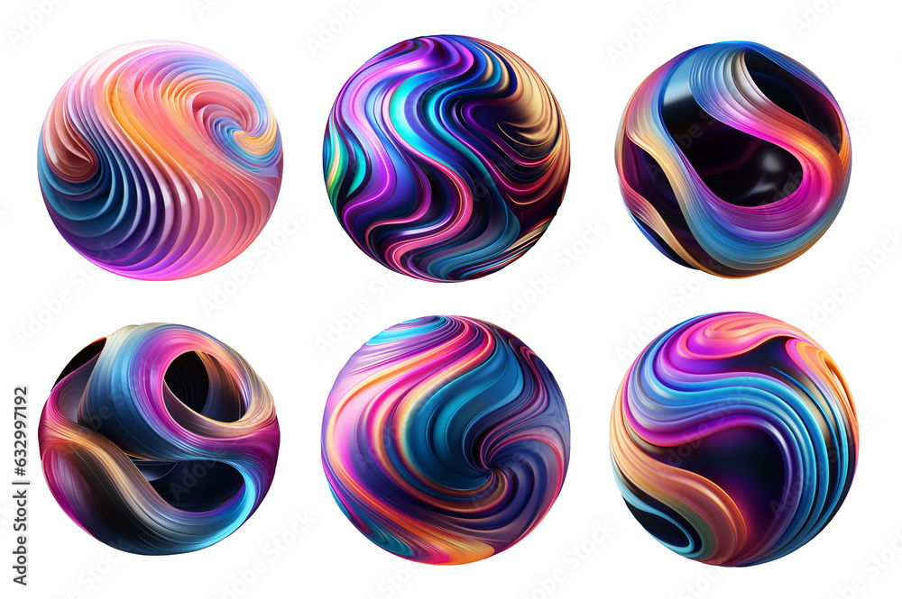 Bold holographic wavy sphere shape isolated set. Iridescent colorful ...