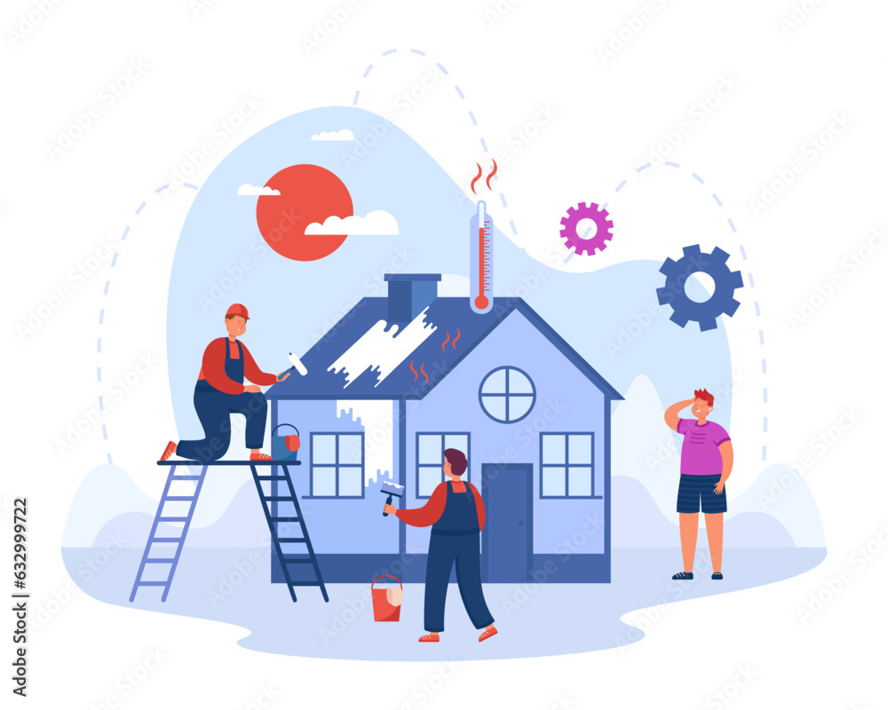 People painting house to protect from heat vector illustration. White ... People painting house to protect from heat vector illustration. White ...