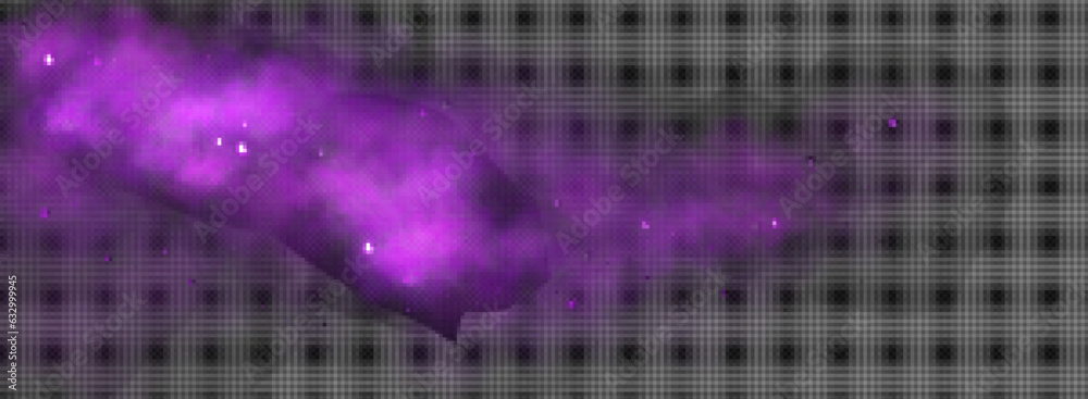 Purple smoke or fog with small shiny elements on a transparent background. Purple cloud cover ...