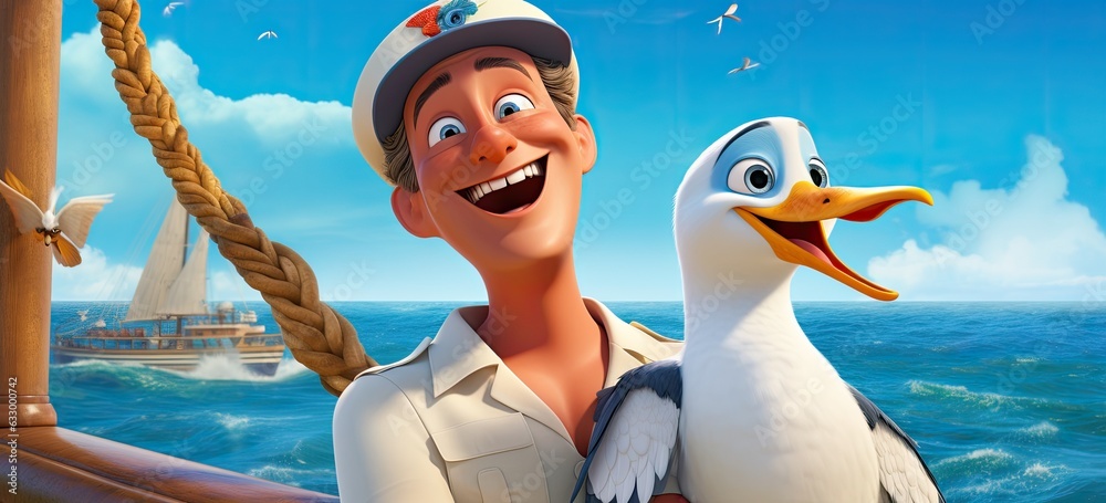 Cartoon captain with sailor hat and friendly seagull on sunny shore ...