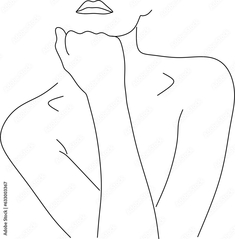 Vetor de Minimal line art woman with hand on face. Black Lines Drawing ...