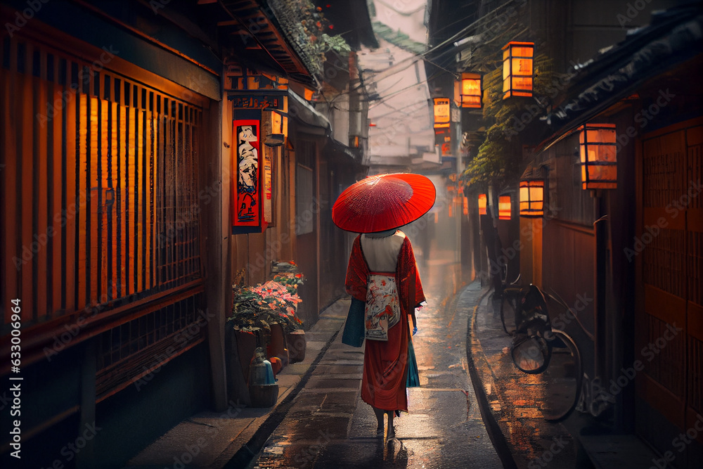 Young pretty geisha. Asian women wearing traditional japanese kimono in ...