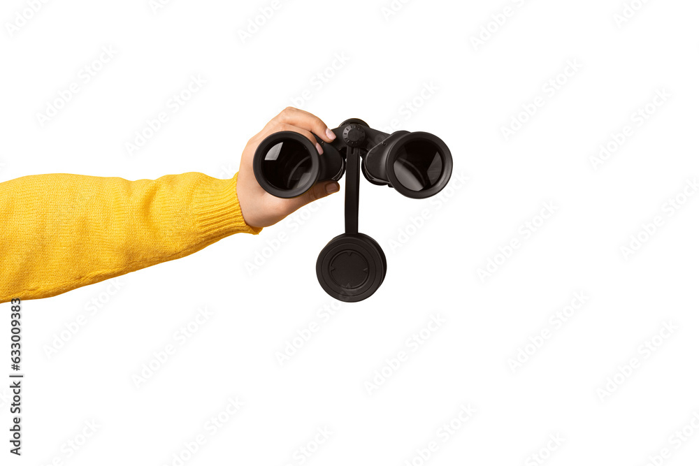 binoculars in hand isolated on transparent background, find and search ...