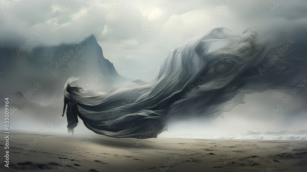 Whispers of the Wind, person standing on a windswept beach or ...