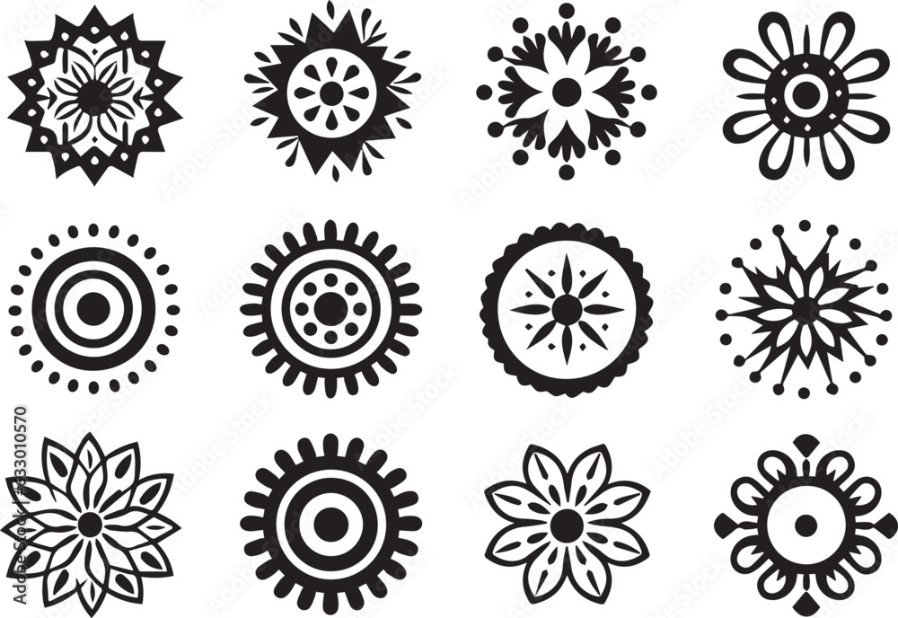set of black rangoli patterns vector, set of mandala arts Stock Vector ...