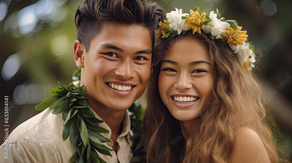 girl and young man in Hawaiian folk costume outdoores. Couple of young ...