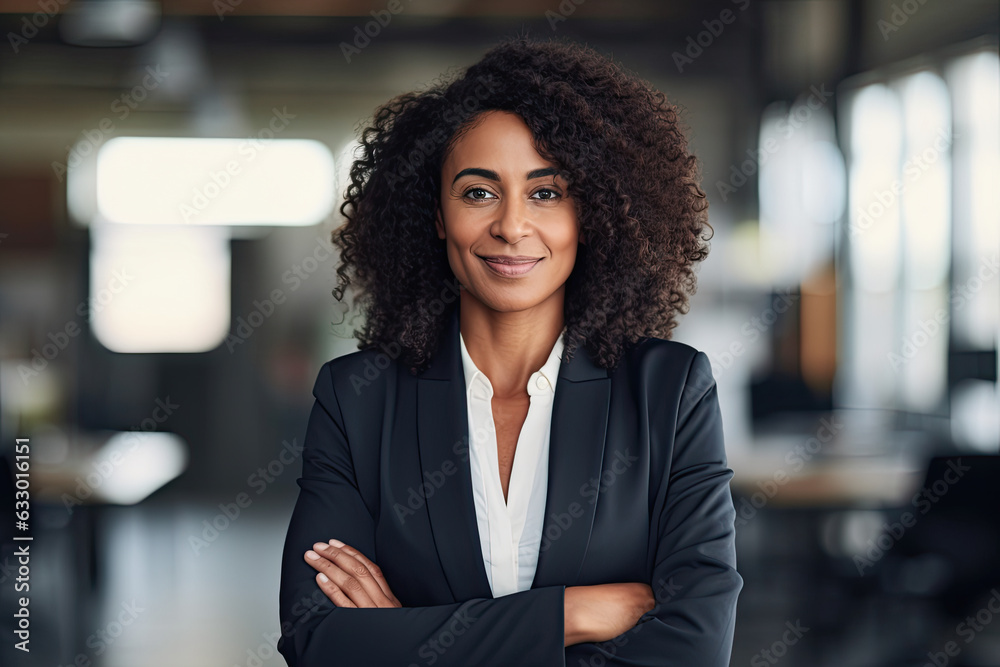 Mujer de raza negra con pelo rizado largo, ejecutiva de una empresa ...