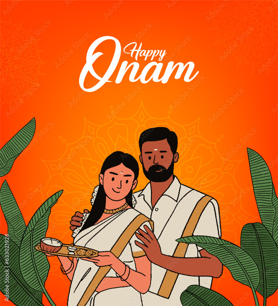 Happy Onam calligraphy with South Indian couple celebrating Onam ...