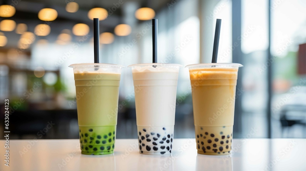 Various tapioca bubble teas at a coffee shop created with Generative AI ...