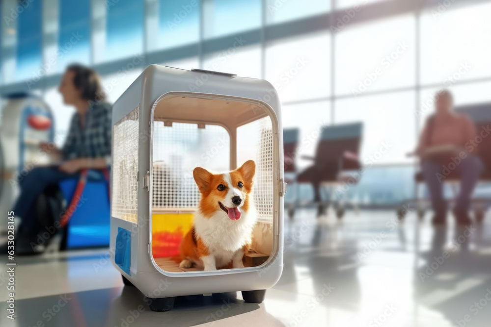 Cute smiling and happy corgi sits in a dog carrier in the airport room ...