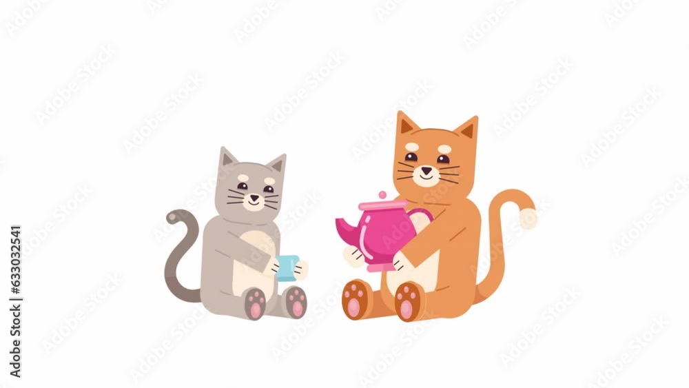 Happy kitten pouring tea in cup 2D characters animation. Kawaii cats ...