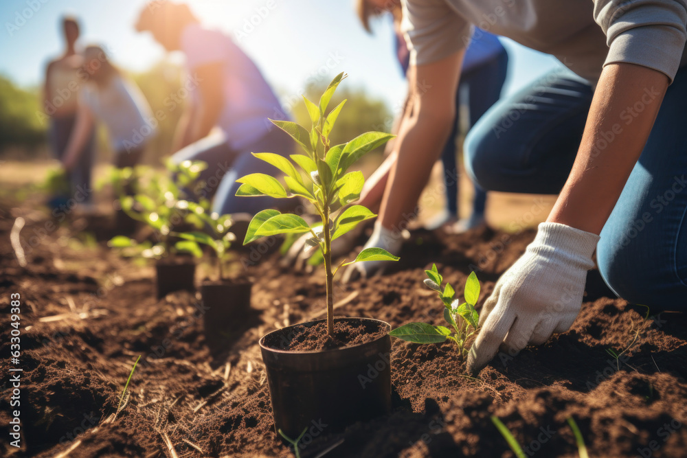 Group of volunteers planting trees in a community garden, symbolizing ...