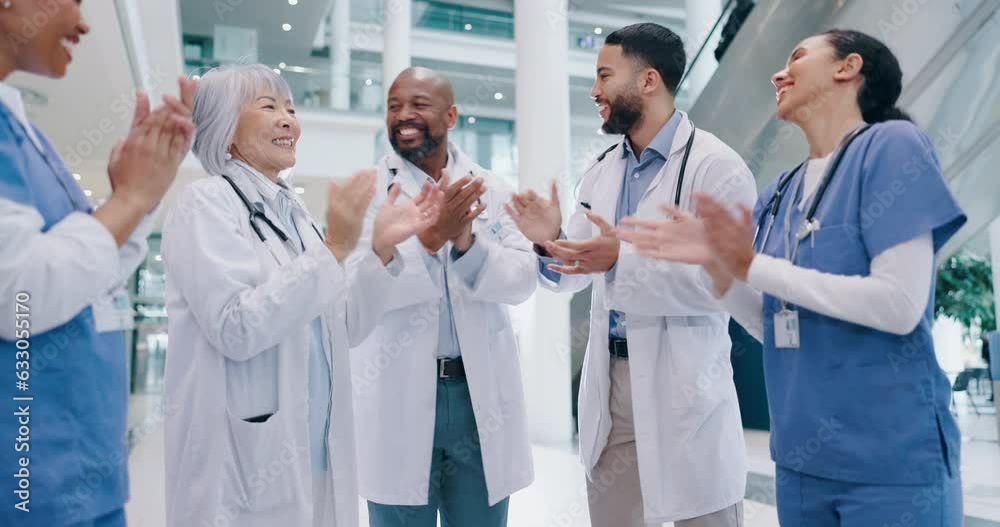 Doctors, hands together and teamwork for healthcare success, applause and hospital motivation in ...