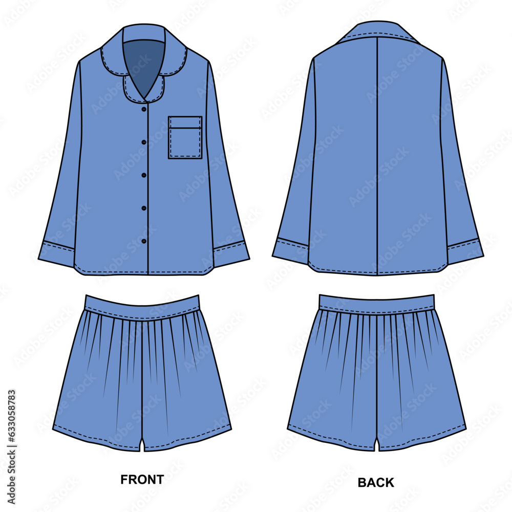 Vector set of pajama patterns from a shirt and shorts in blue. Sketch ...
