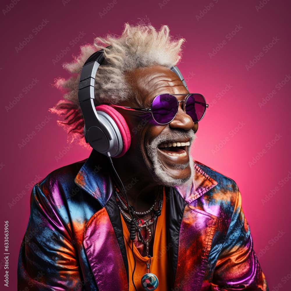 old man senior hipster african american male man listening music from ...