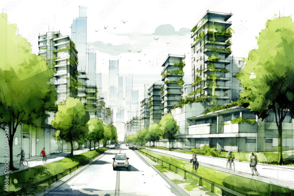 Streets and high-rise buildings of a modern eco-city. Eco-friendly ...