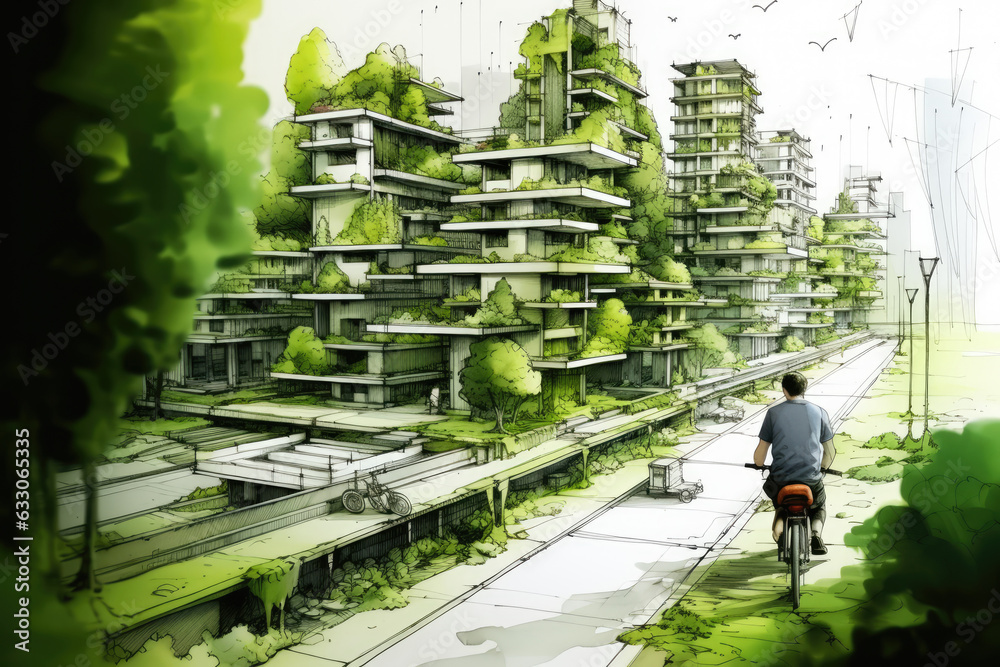 Streets and high-rise buildings of a modern eco-city. Eco-friendly ...