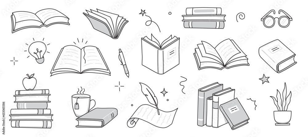 Book library stack sketch set. Hand drawn sketch doodle style line book ...