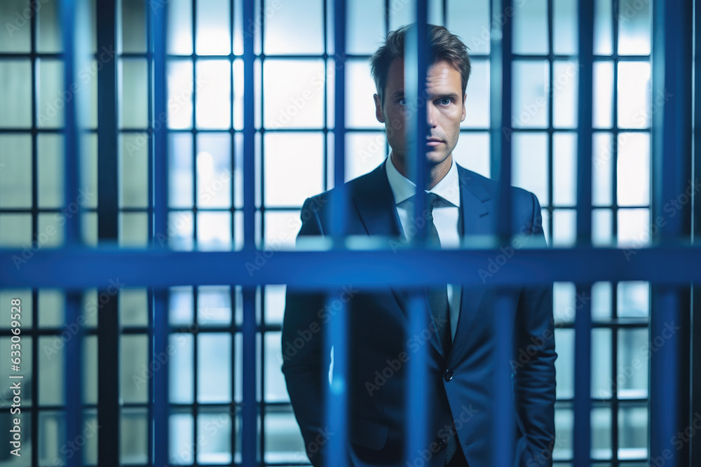 elegant businessman person with suit and tie in jail or prison ...