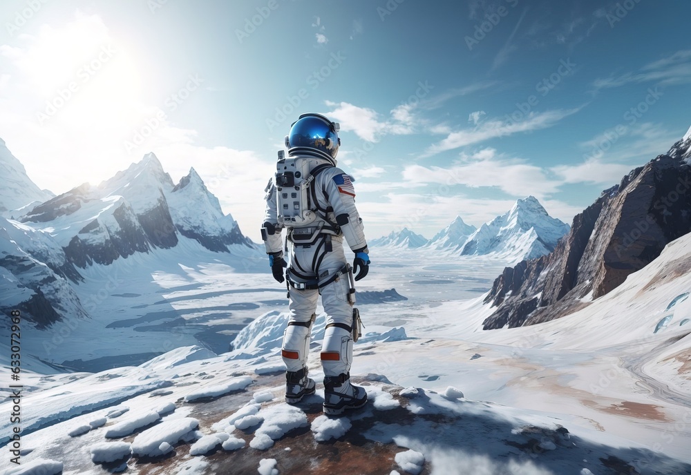 Scene of an astronaut standing on an unknown icy planet with a ...