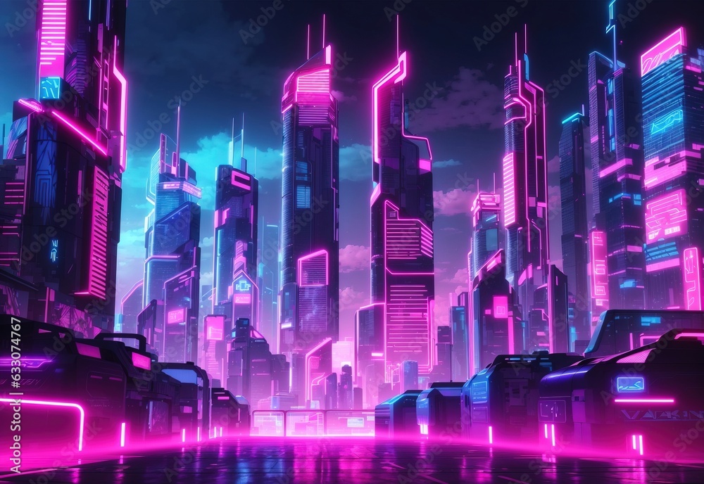 Pink and blue neon lights on a city full of skyscrapers. neo-noir pink ...