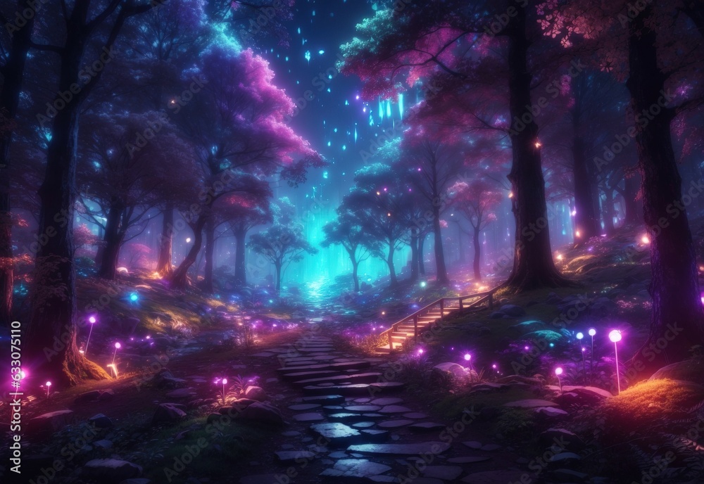 Night magical fantasy forest. Forest landscape, neon, magical lights in ...
