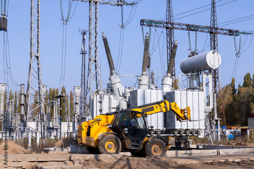 The outdoor extra high voltage power transformer. A high-voltage power ...