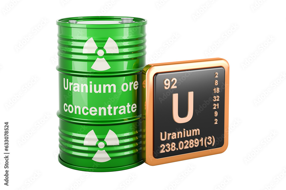 Green drums full of uranium ore with chemical element icon uranium U ...