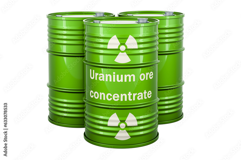 Green drums with uranium ore concentrates, 3D rendering isolated on ...