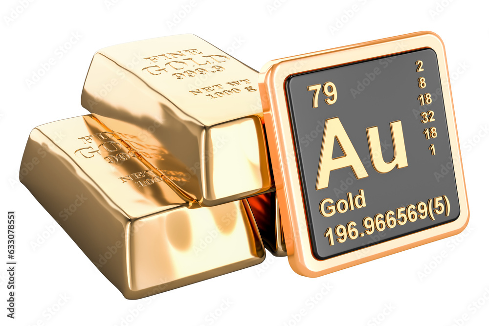 Gold ingots with chemical element icon Aurum Au, 3D rendering isolated ...