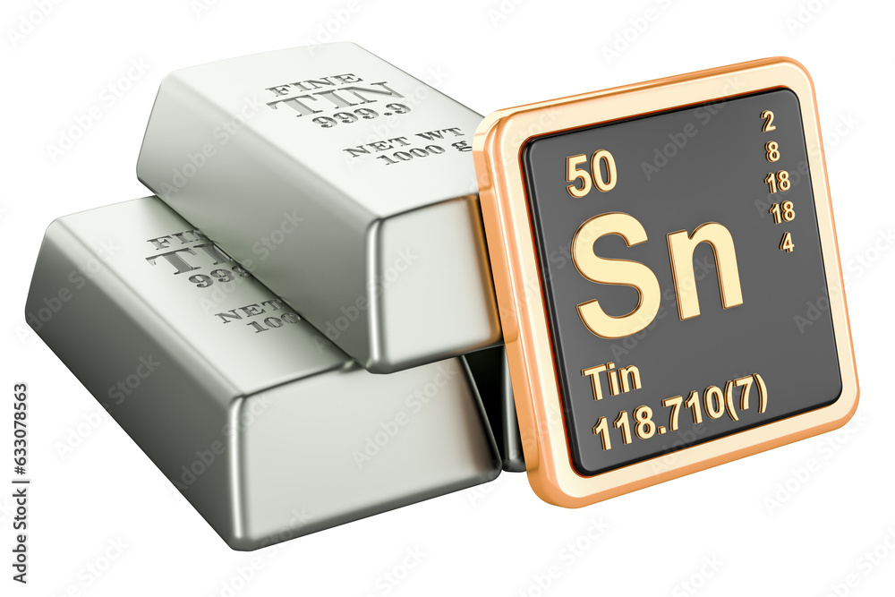 Tin ingots with chemical element icon Stannum Sn, 3D rendering isolated ...