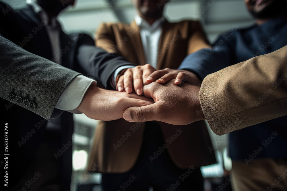 View of hands stacked one above the other, co-workers support each ...