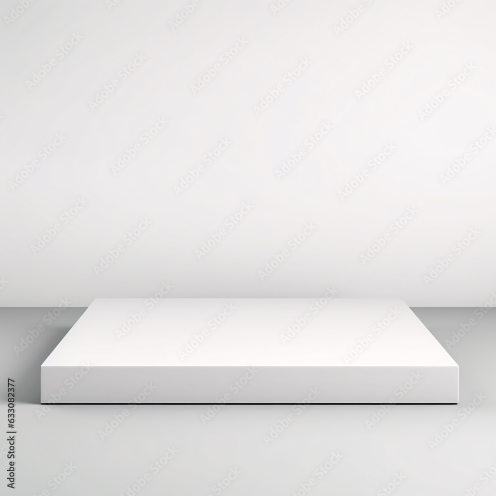 A minimalist white square podium on a clean white background serves as ...