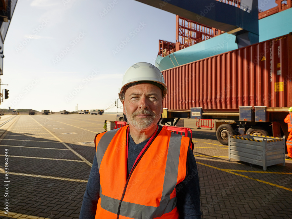 Dock worker by cargo container at Port of Felixstowe, England Stock ...