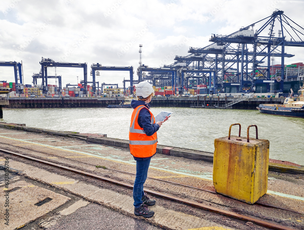 dock manager solitary portrait infront of cargo ship being unloaded by ...