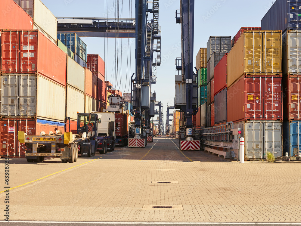 Shipping containers stacked up in dockyard, Felixstowe, England. Stock ...