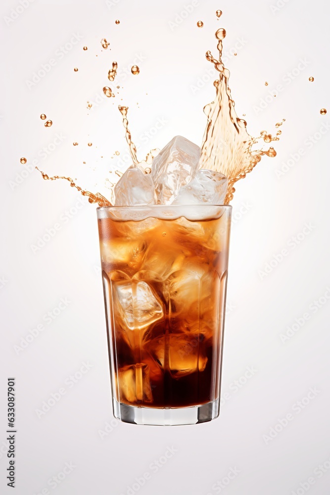 Advertisement studio banner with a tall glass with splashing ice ...