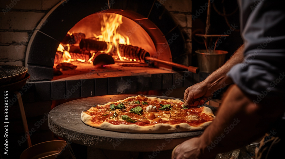 a rustic outdoor wood - fired oven with artisan pizza, hand pulling the ...