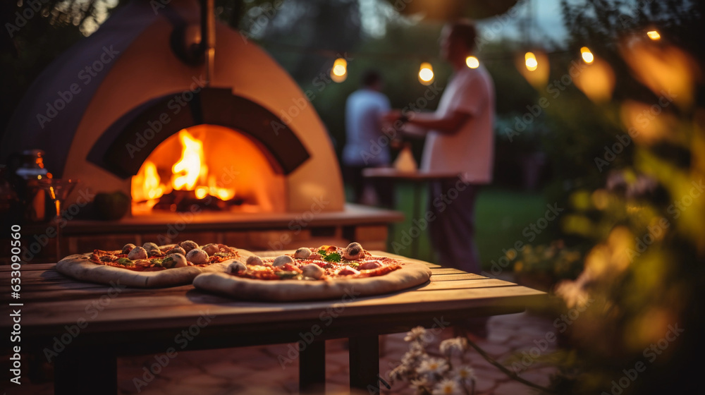 a rustic outdoor wood - fired oven with artisan pizza, hand pulling the ...