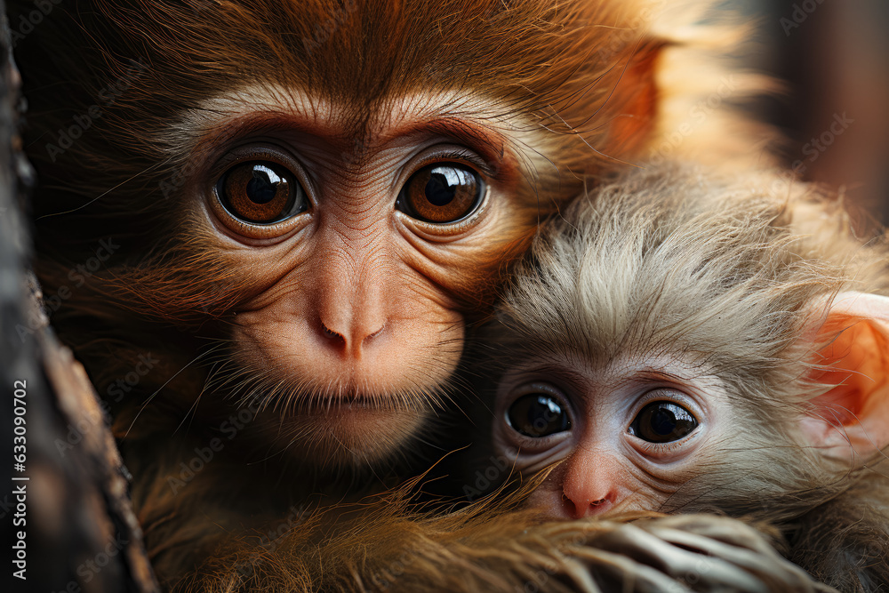 Beautiful shot of a monkey hugging its baby, symbolizing love, care ...