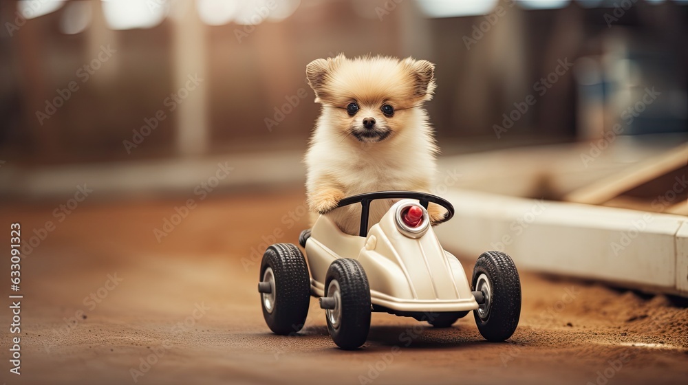 a puppy dog driving a pedal car on a racetrack - created using ...
