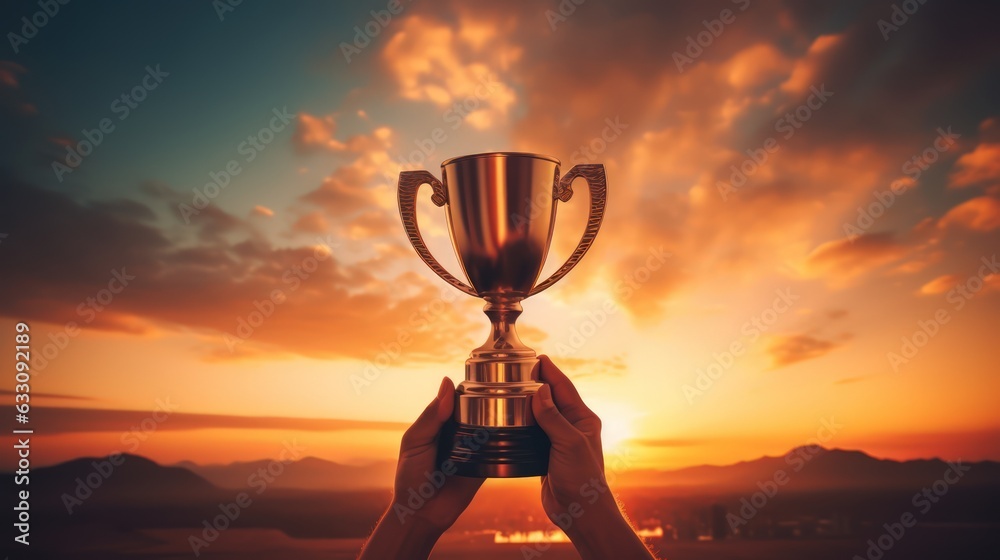 Hands holds and lifts up a golden trophy symbolizing success ...
