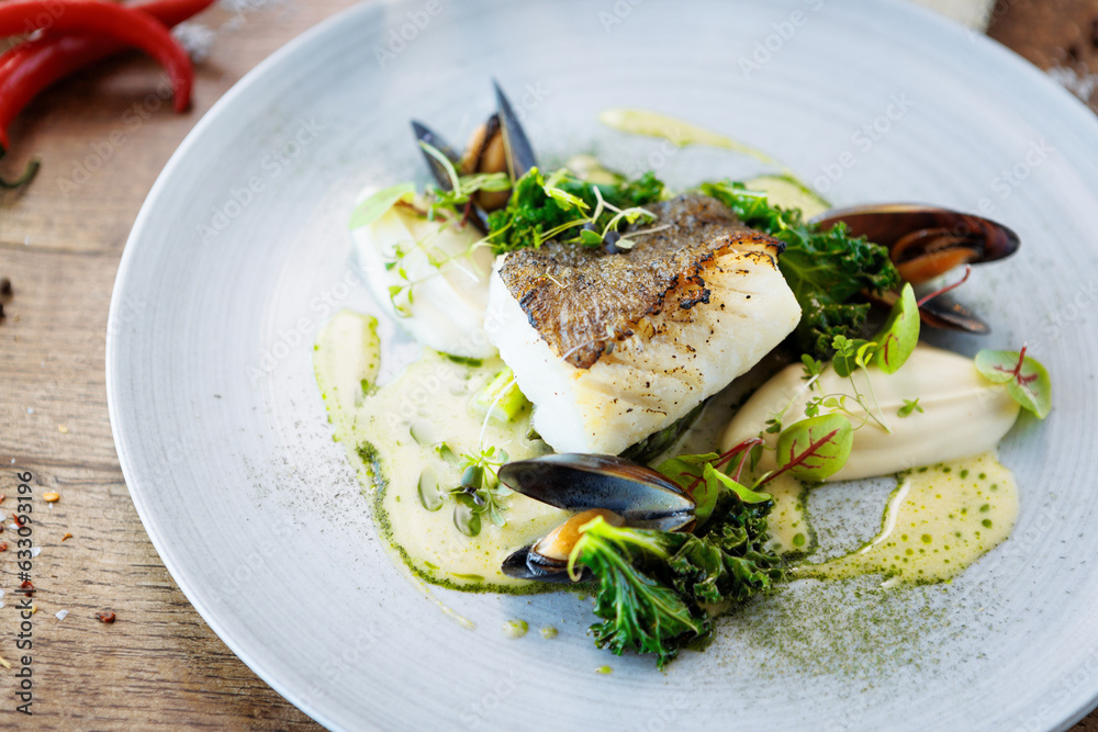 Foto de Cod fillet with cauliflower cream, asparagus, clam-wine sauce ...