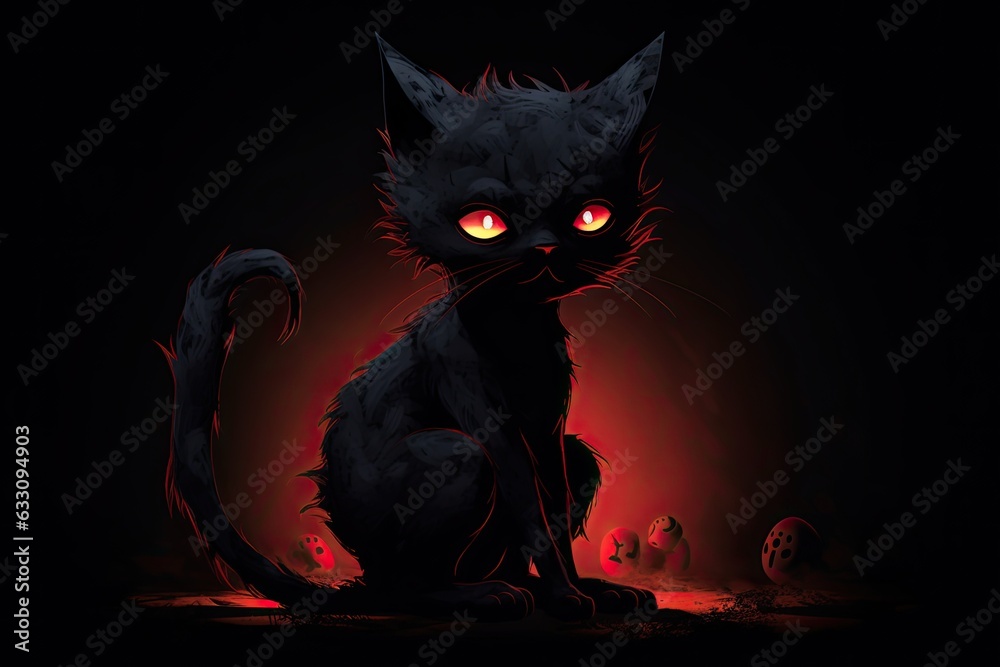 Sweet evil. Fairytale black cat character. Mystical cat with red eyes ...