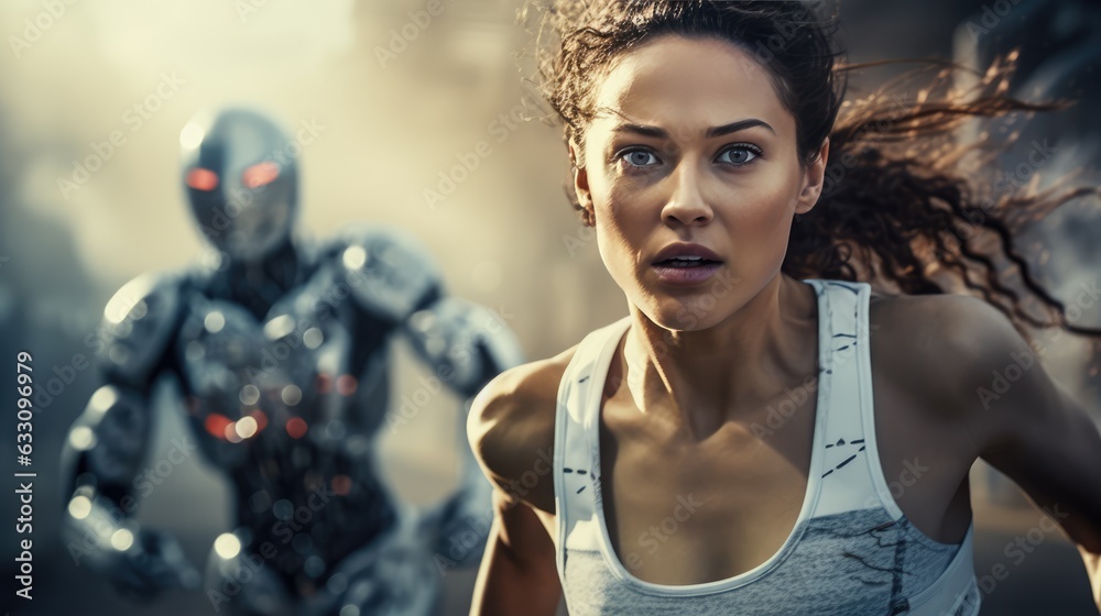 A frightened woman running away from a scary robot, artificial ...