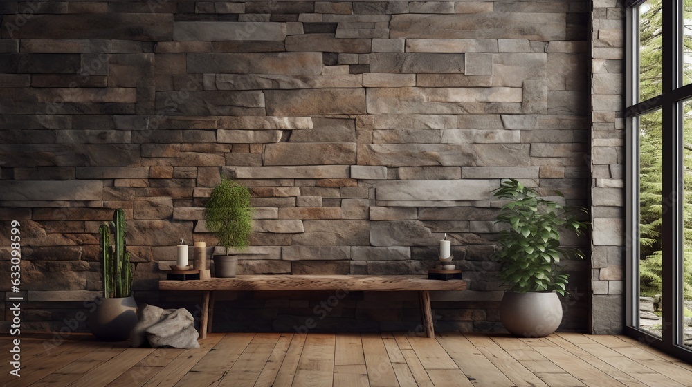 Wooden table on wild stone cladding wall background, rustic lounge area ...