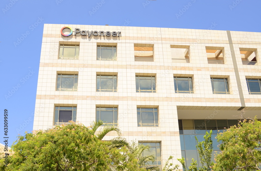 Payoneer Company building Logo on the facade. Headquarters of the payment system. Petah Tikva ...