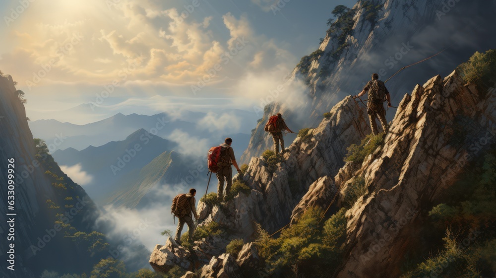 AHikers climb and stand on a high rocky mountain on a sunrise sky ...