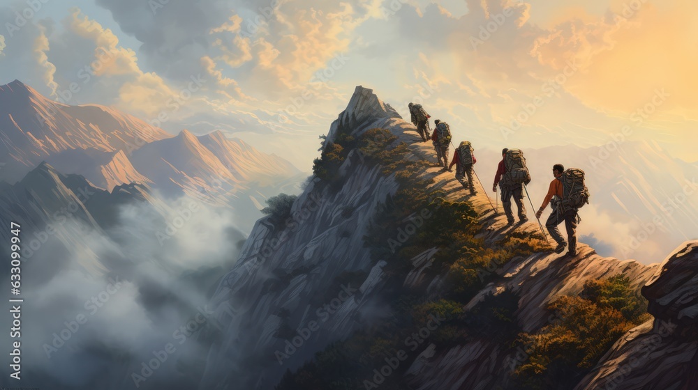 AHikers climb and stand on a high rocky mountain on a sunrise sky ...